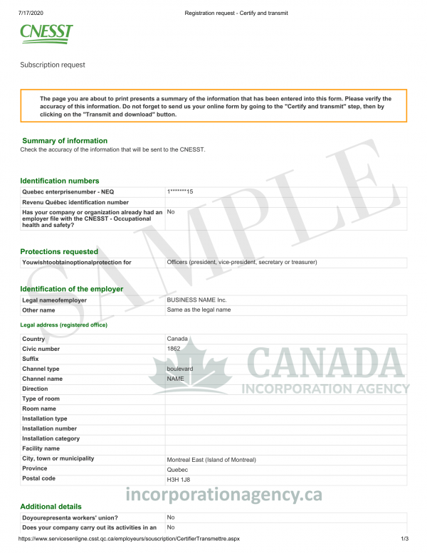 Quebec CNESST Account | Canada Incorporation Agency