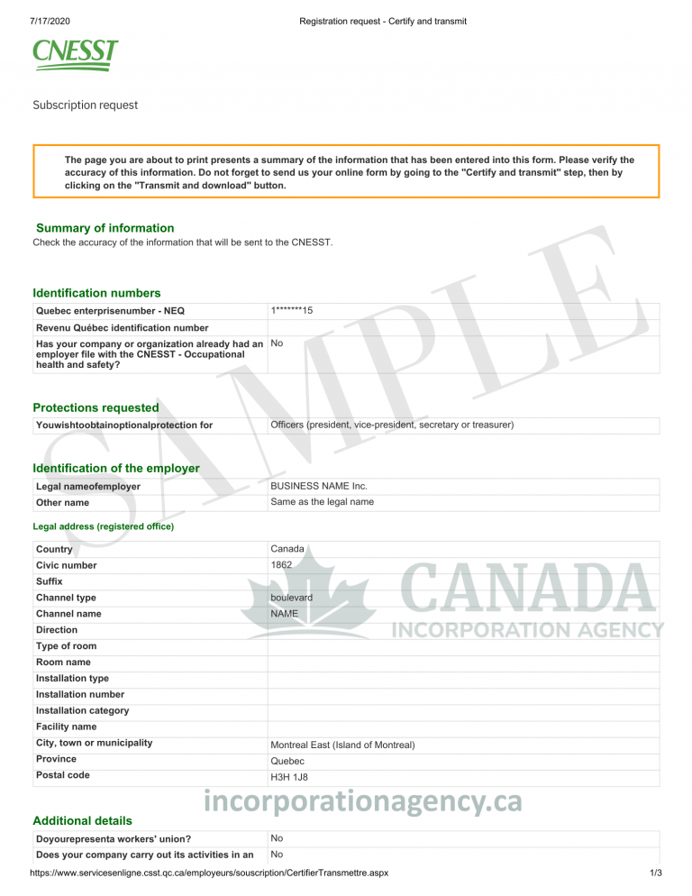 Quebec CNESST Account | Canada Incorporation Agency